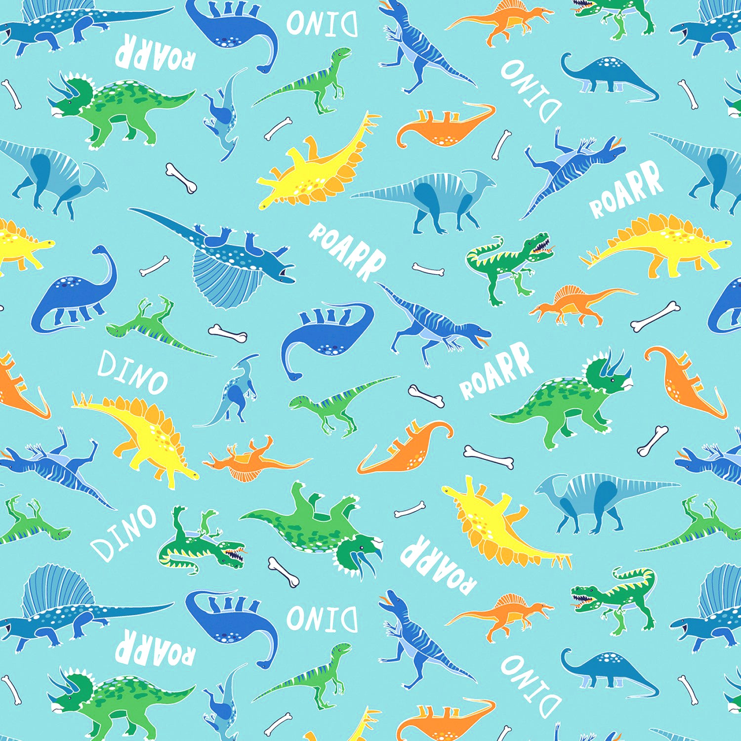 Glow-O-Saurus 12973G-80 Dino Friends Aqua - Fat Quarter