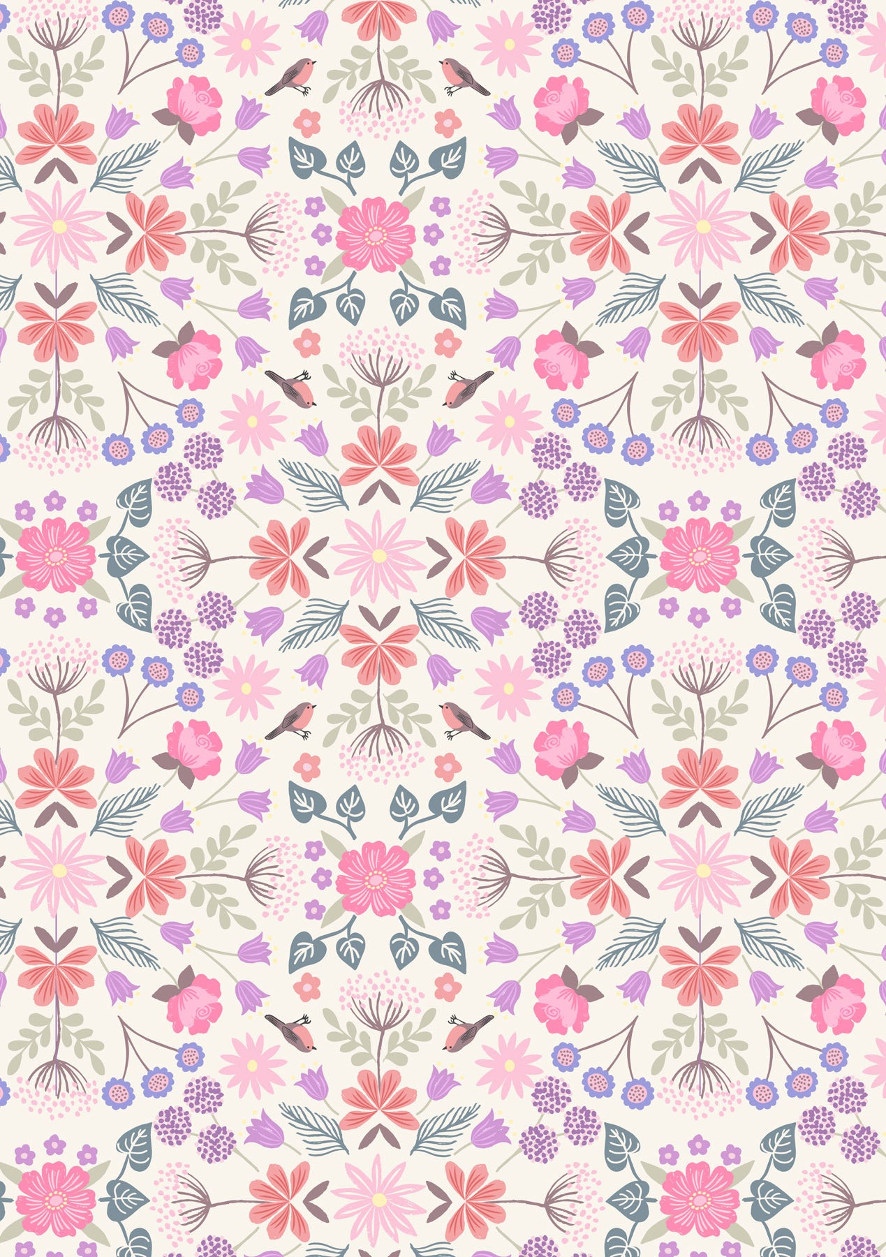 The Secret Garden A708.1 Robin floral on cream - Fat Quarter